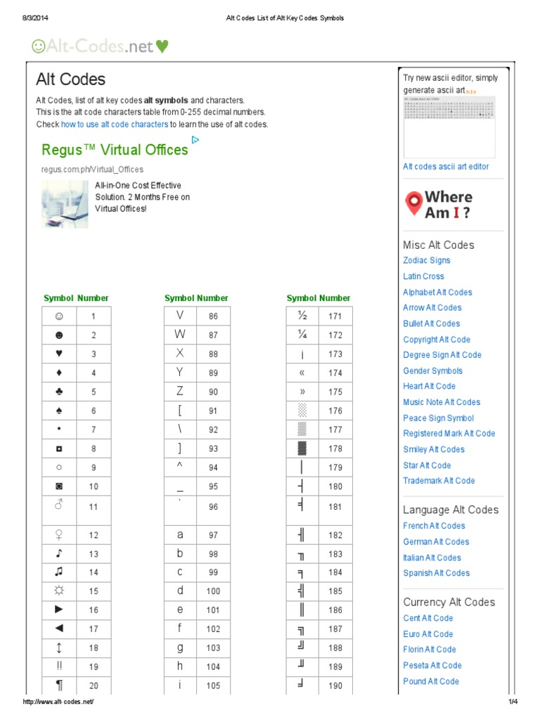 Alt Codes List of Alt Key Codes Symbols | PDF