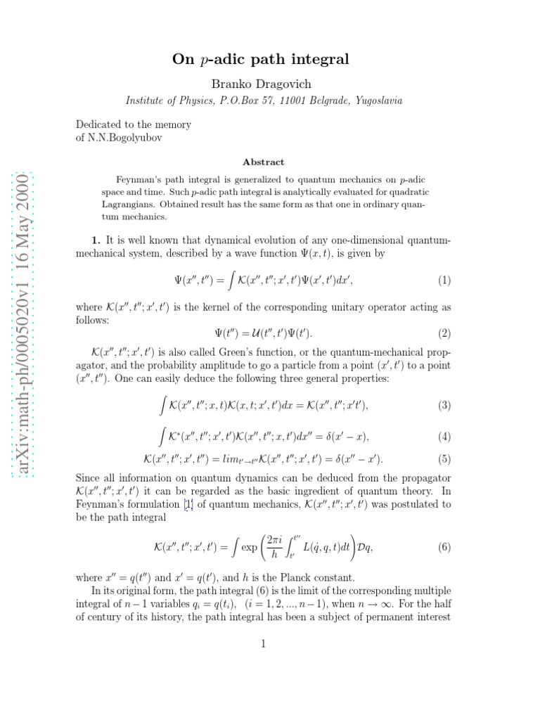 On P-Adic Path Integral | PDF | Quantum Mechanics | Integral On P-Adic Path Integral | PDF | Quantum Mechanics | Integral