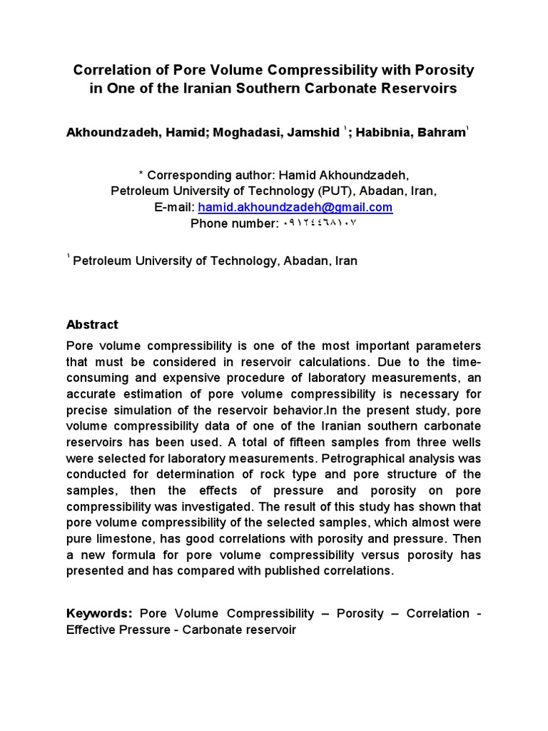 Correlation of Pore Volume Compressibility With Porosity in One of The ...