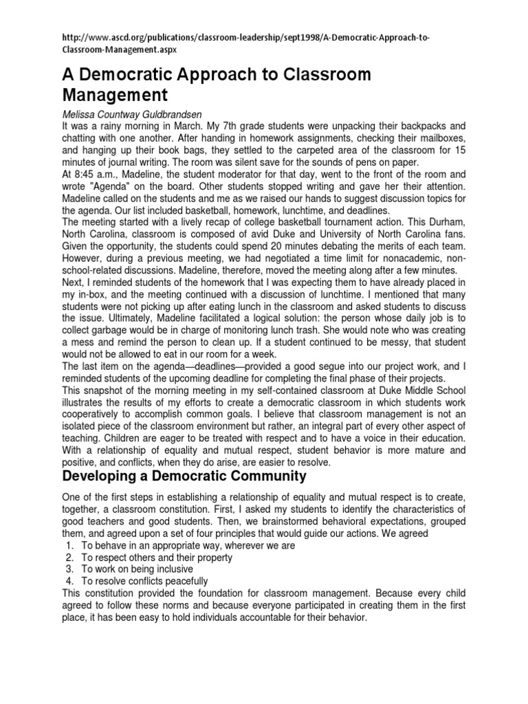 A Democratic Approach To Classroom Management | PDF | Classroom ...