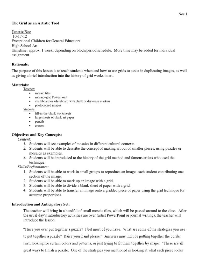 The Grid As An Artistic Tool - Adhd Lesson Plan | Download Free PDF ...