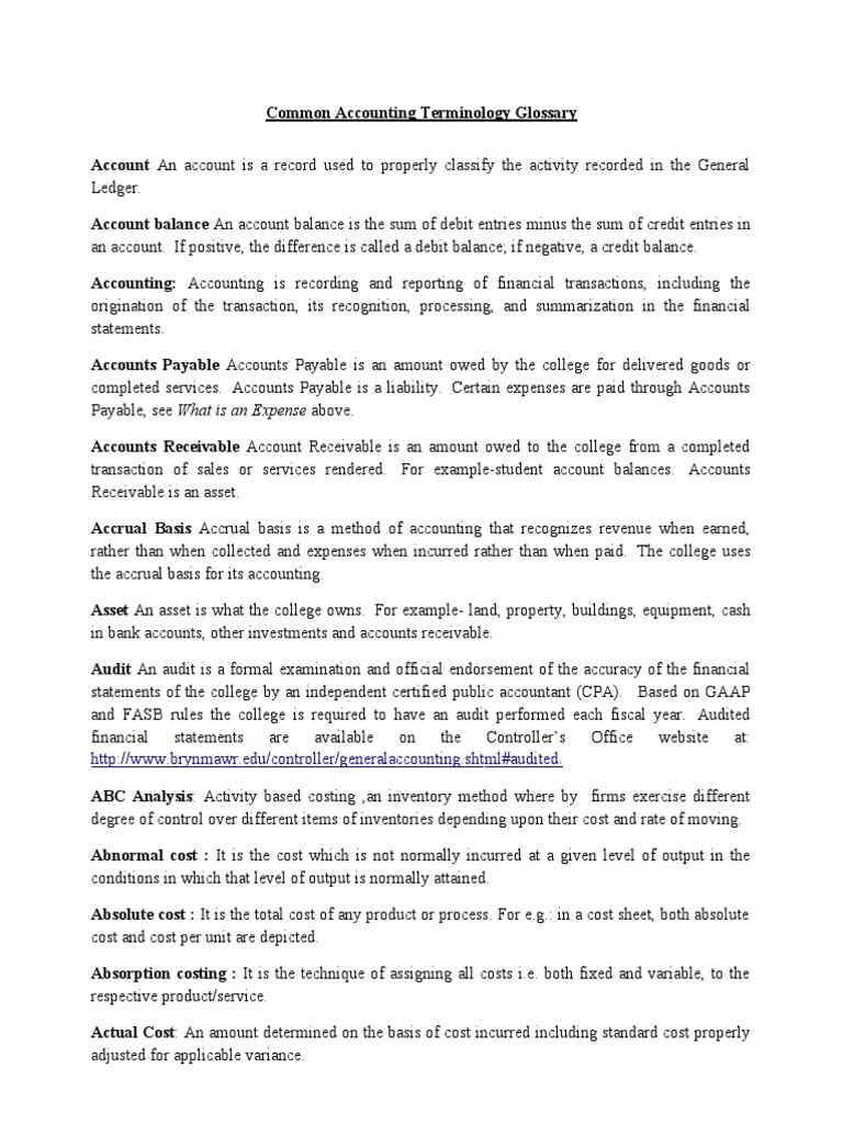 Common Accounting Terminology Glossary Nov 08 | PDF | Debits And ...