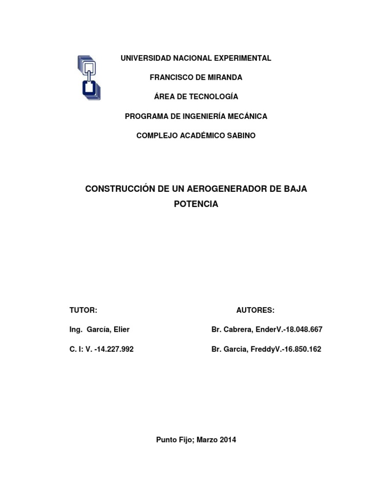 Anteproyecto 2 (Prof Elier) | PDF | Turbina eólica | Energía eólica