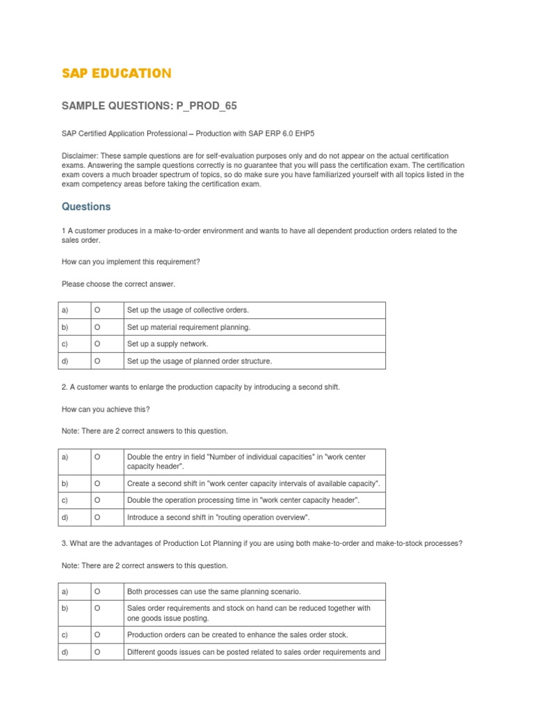P PROD 65 Sample Questions | PDF