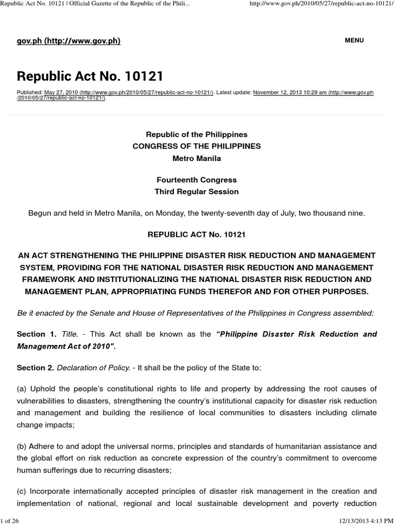 Republic Act No 10121 | PDF | Emergency Management | Disaster Risk ...