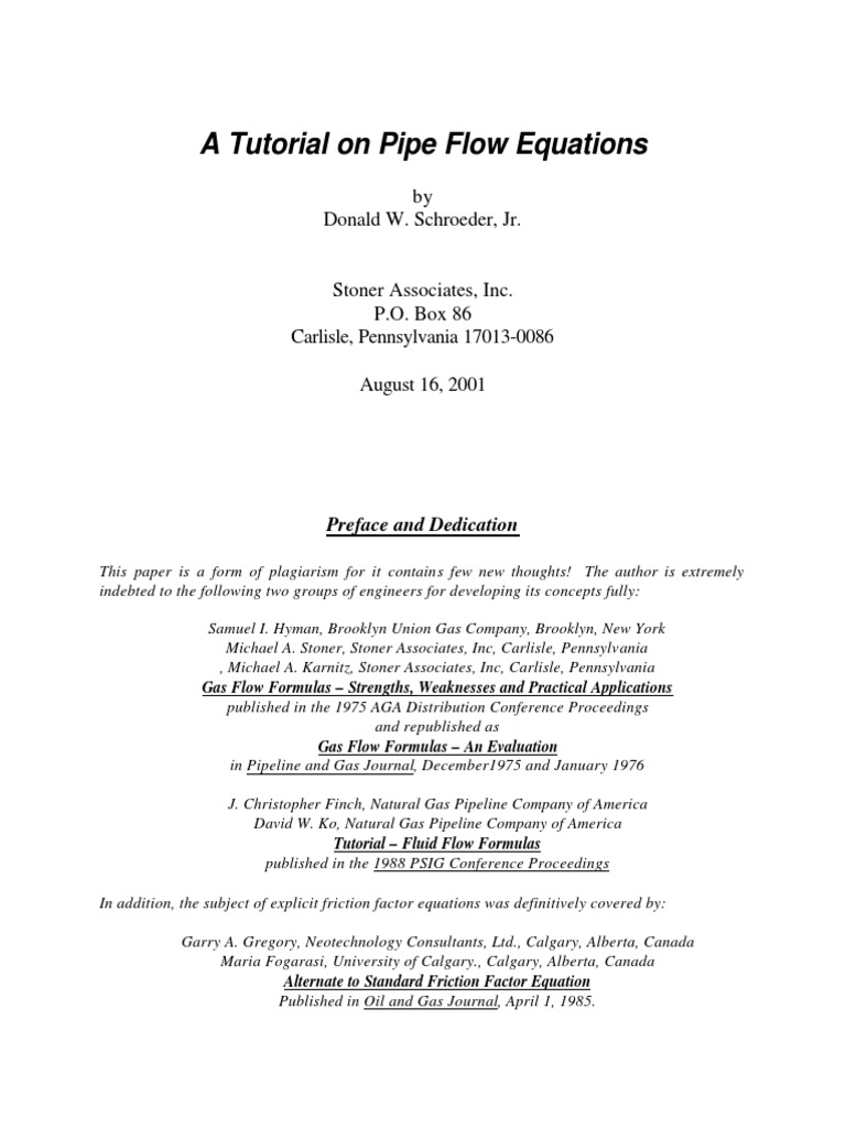 A Tutorial On Pipe Flow Equations: by Donald W. Schroeder, JR | PDF