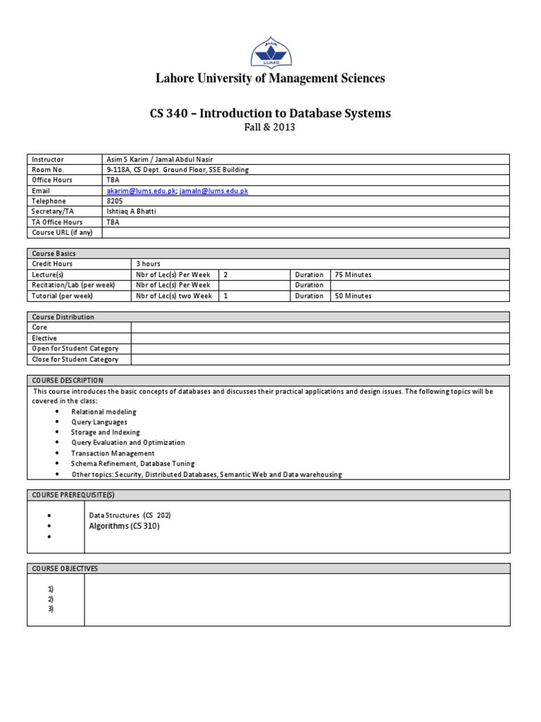 CS 340-Intro To Database Systems-Asim Karim Jamal - Abdul Nasir | PDF | Relational Database ...