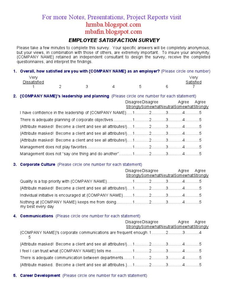 Employee Satisfaction Survey Sample Questionnaire | PDF | Questionnaire ...