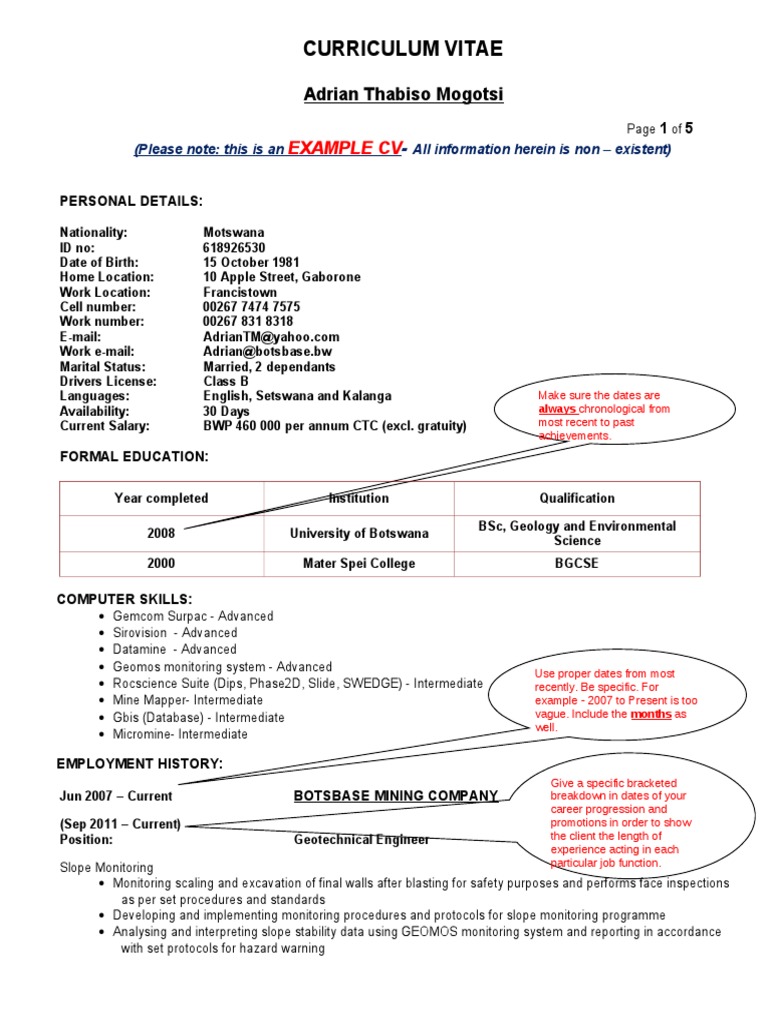 Geologist CV Example | Geotechnical Engineering | Mining