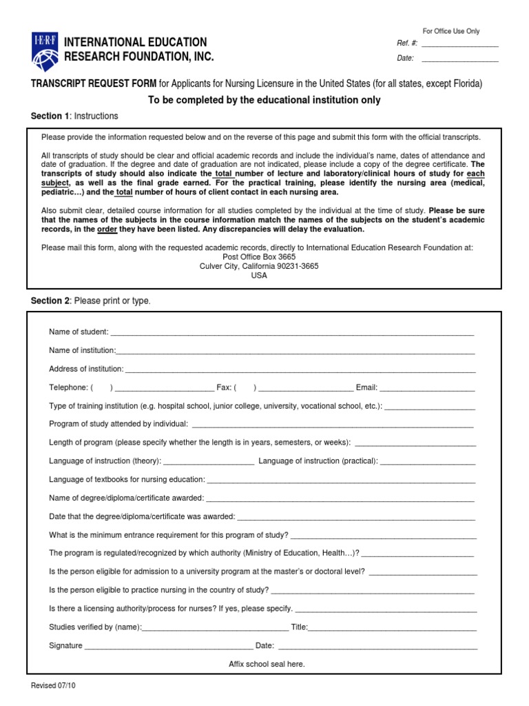 Nursing transcript request form from IERF | Nursing | Academic Degree