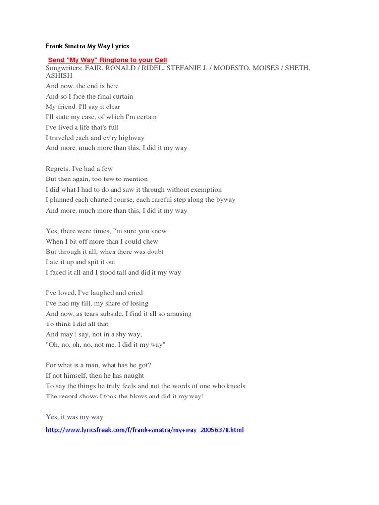 Frank Sinatra My Way Lyrics | Leisure