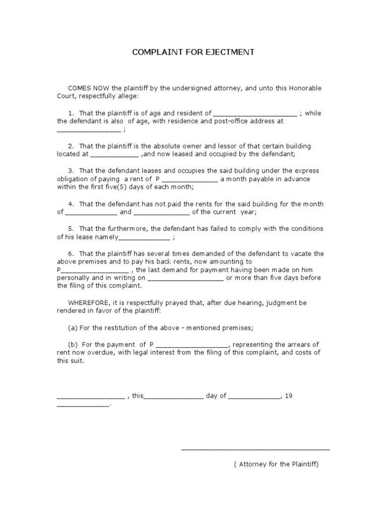 Complaint For Ejectment Sample | PDF