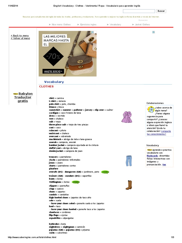 Vocabulario de Ropa en Inglés | PDF | Pantalones | Tendencias culturales
