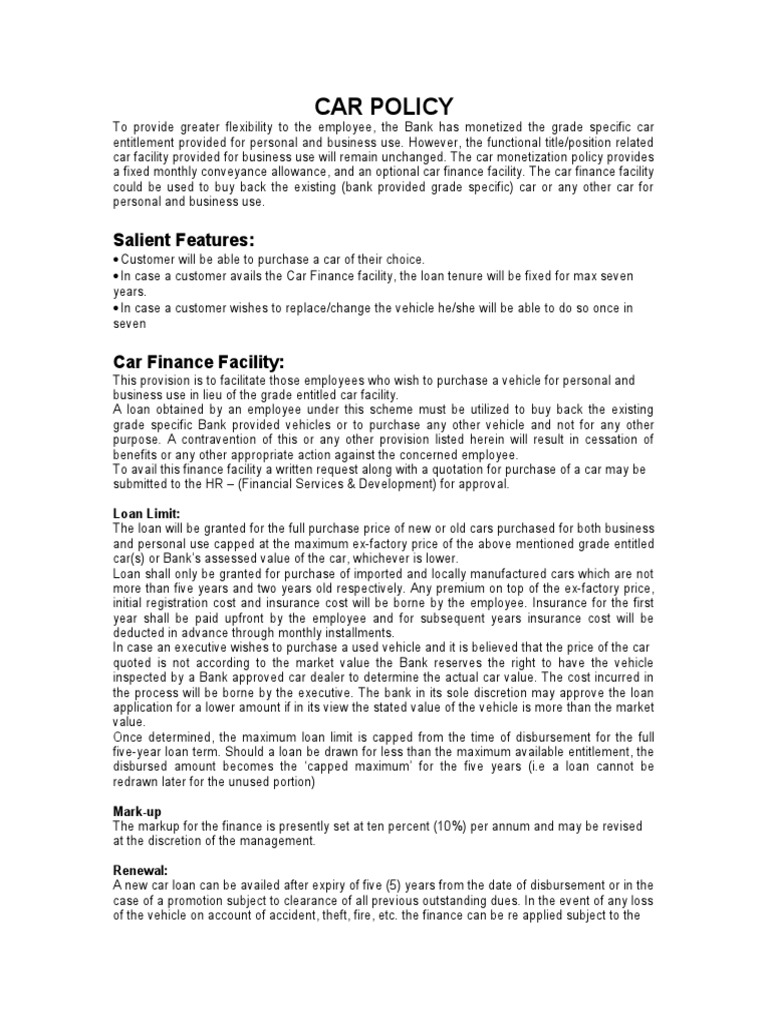 Car Policy: Salient Features | PDF | Insurance | Loans
