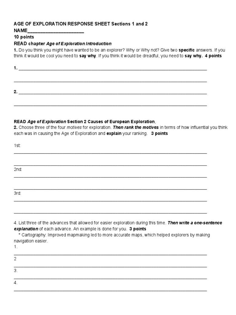 Age of Exploration Response Sheet Sections 1 and 2 NAME - 10 Points ...