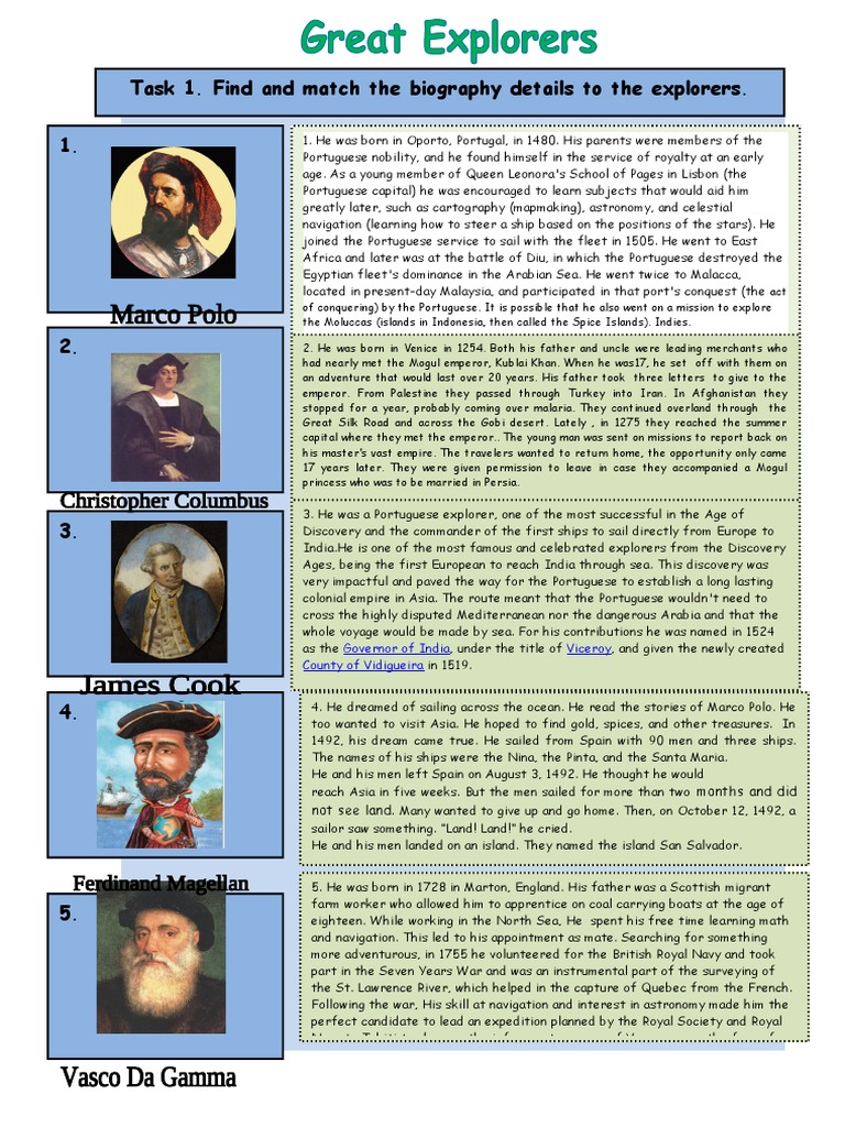 Task 1. Find and Match The Biography Details To The Explorers. 1 | PDF ...