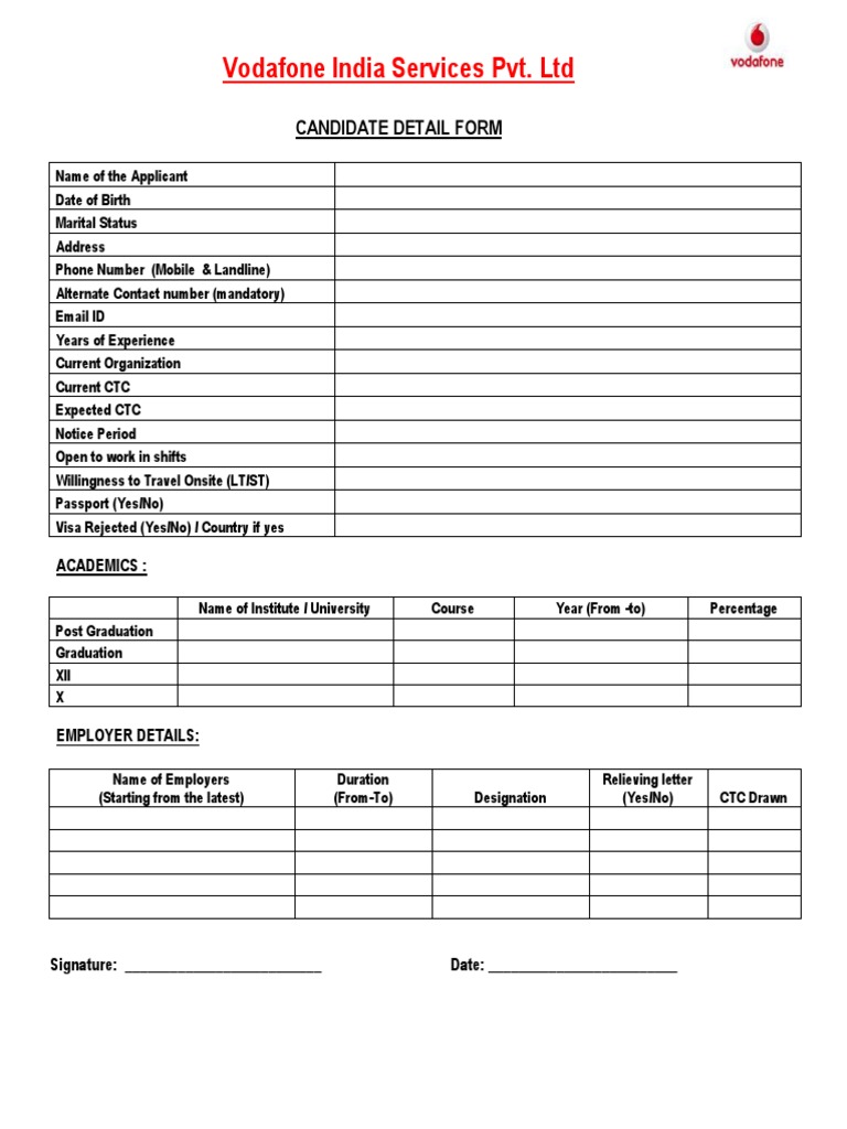 Vodafone India Services Pvt. LTD: Candidate Detail Form | PDF