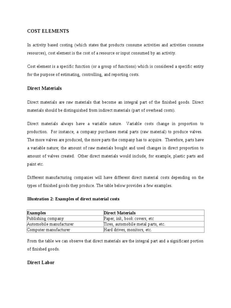 Cost Elements: Illustration 2: Examples of Direct Material Costs ...