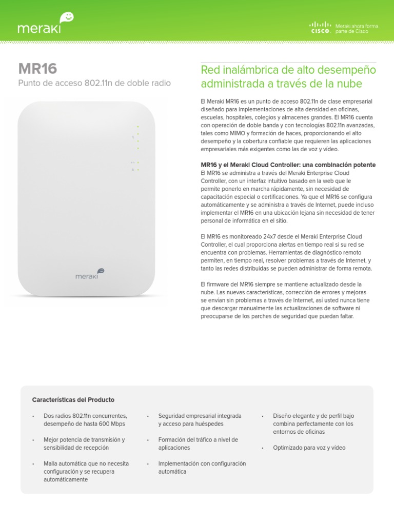 Meraki Datasheet MR16 Es | PDF | Ieee 802.11 | Plataforma como servicio