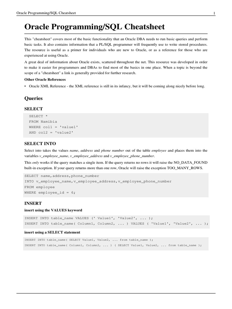 Oracle Programming and SQL Cheatsheet | PDF | Database Index | Pl/Sql Oracle Programming and SQL Cheatsheet | PDF | Database Index | Pl/Sql
