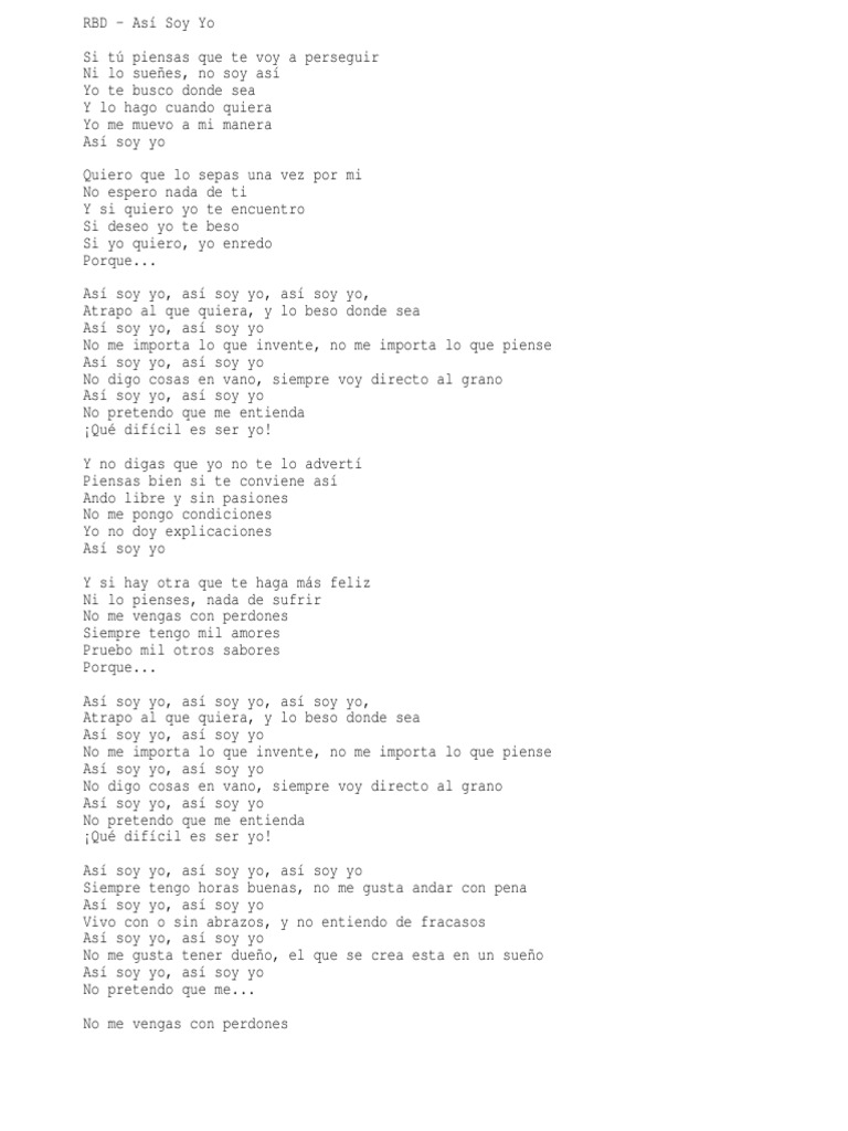 RBD - Así Soy Yo: Letra y Significado | PDF
