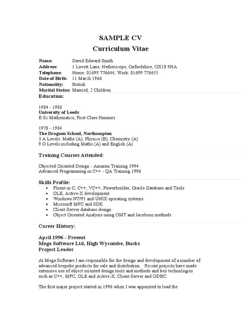 Sample CV Curriculum Vitae: Education | PDF | Graduate School | Thesis