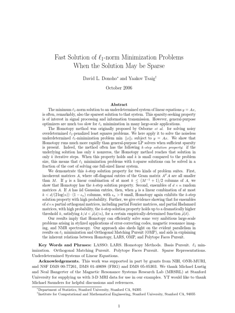 Fast Solution of ' - Norm Minimization Problems When The Solution May Be Sparse | PDF | Linear ...