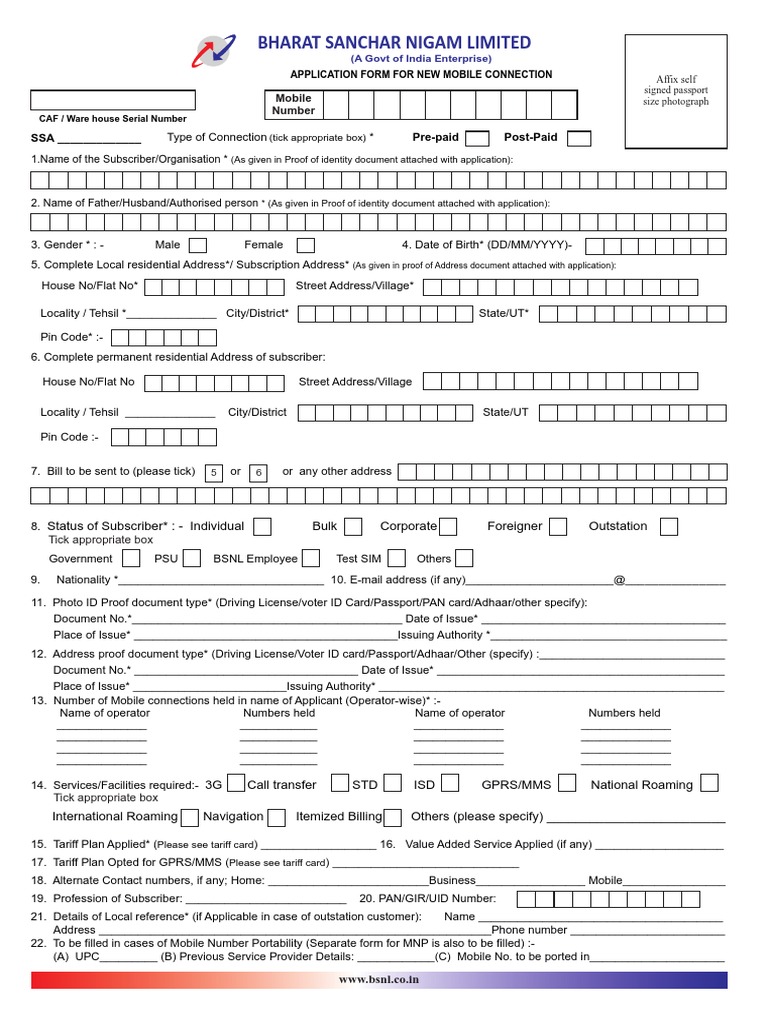 BSNL New Prepaid and Postpaid Application Form | Identity Document | Subscriber Identity Module