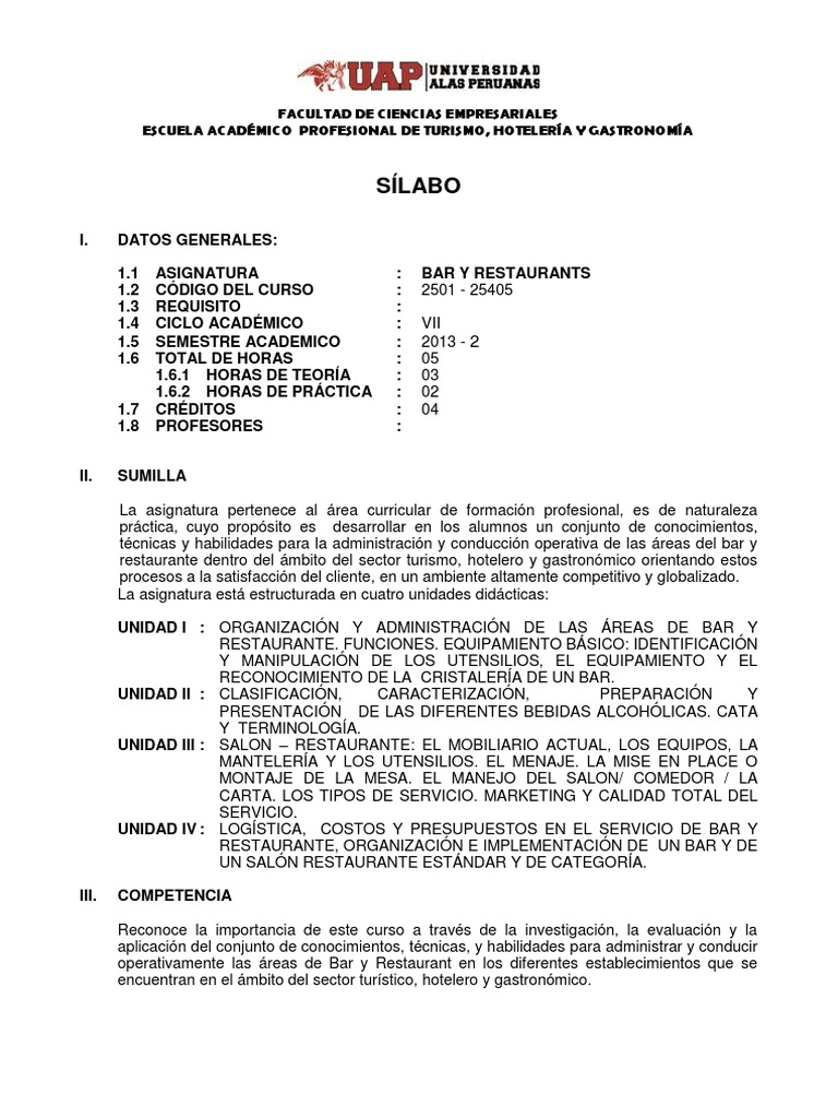 Modelo de Silabus Bar y Res | PDF | Hotel | Bar