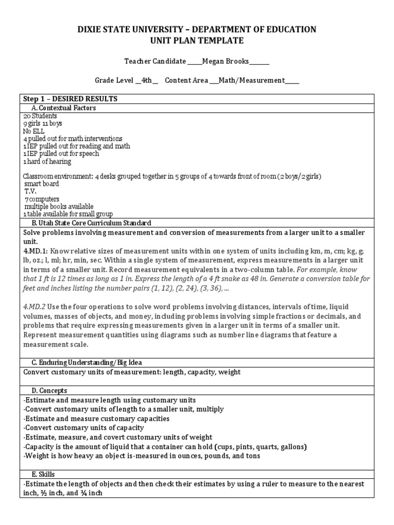 11 Measurement Unit Plan | PDF | Units Of Measurement | Gallon