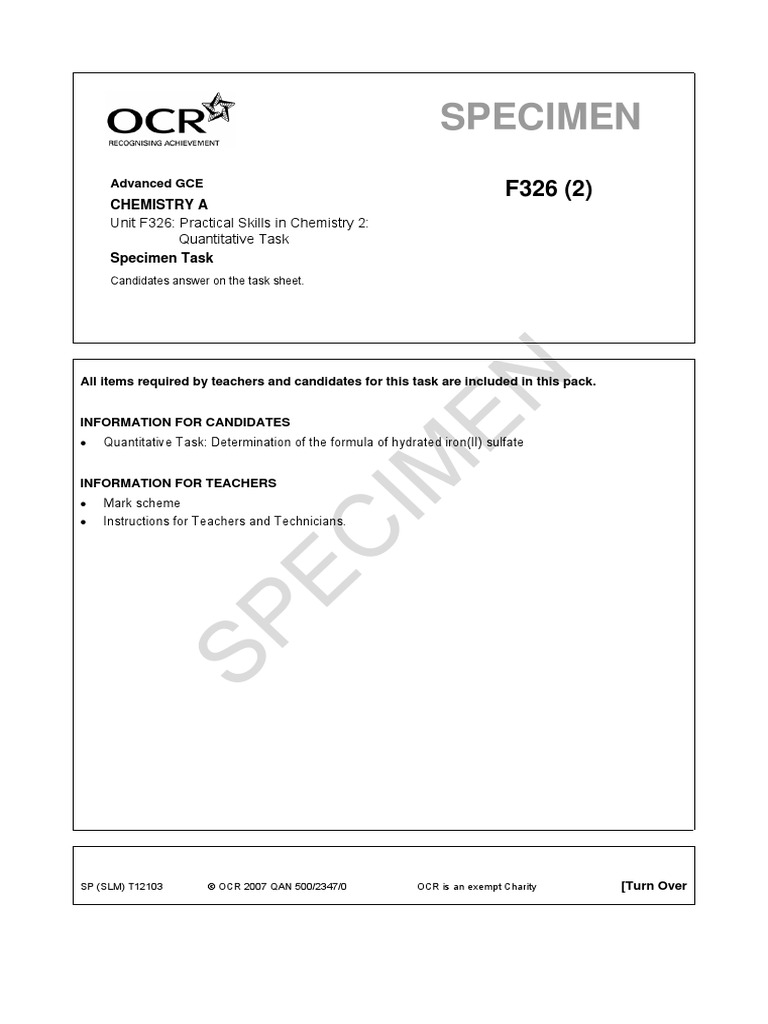 Unit f326 Practical Skills in Chemistry 2 Quantitative Task Specimen ...