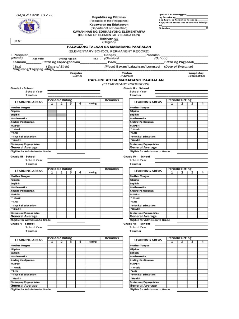 DepEd Form 137 - E Records Elementary Student Progress | PDF | Primary ...