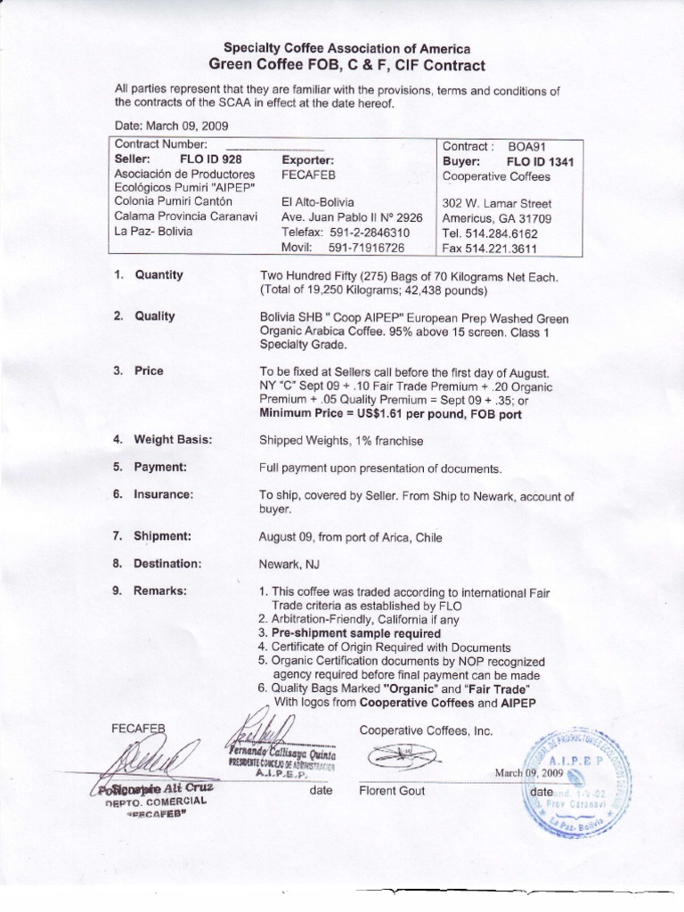 Green Coffee FOB, C & F, CIF Contract: Specialty Coffee Association of ...