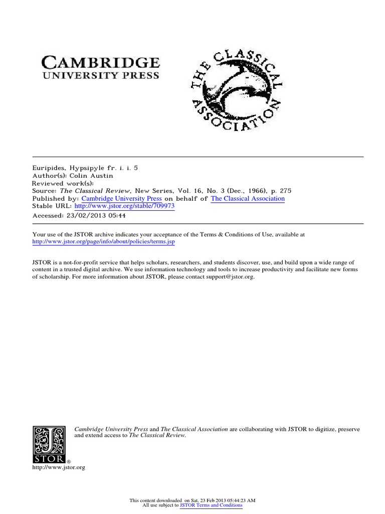 Euripides' Hypsipyle Analysis | PDF | Euripides | Library And Museum