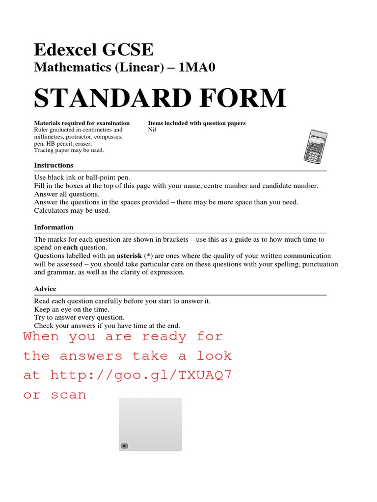 GCSE Maths Topics - Standard Form - Grade A A and B - Questions | PDF ...