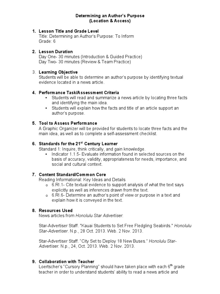 Author S Purpose Lesson Plan | PDF | News | Educational Assessment