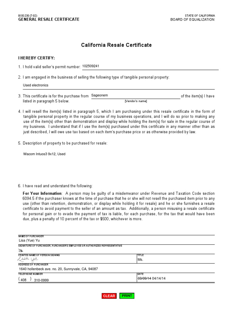 California General Resale Certificate | PDF