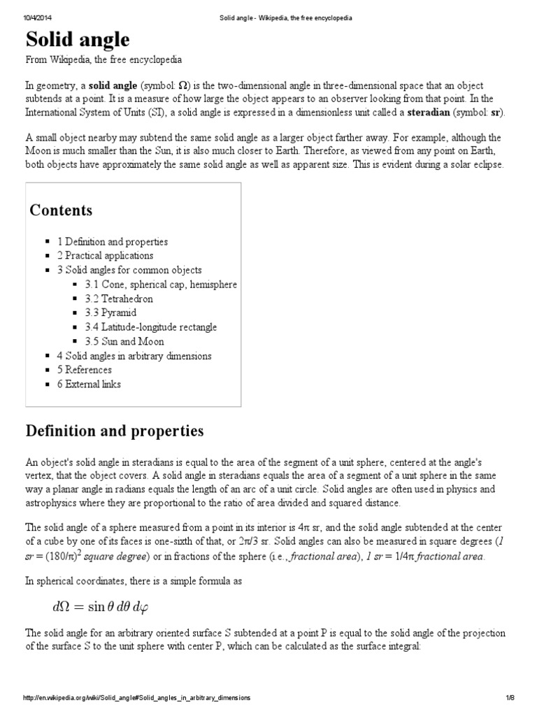 Solid Angle - Wikipedia, The Free Encyclopedia | PDF | Sphere | Euclidean Geometry