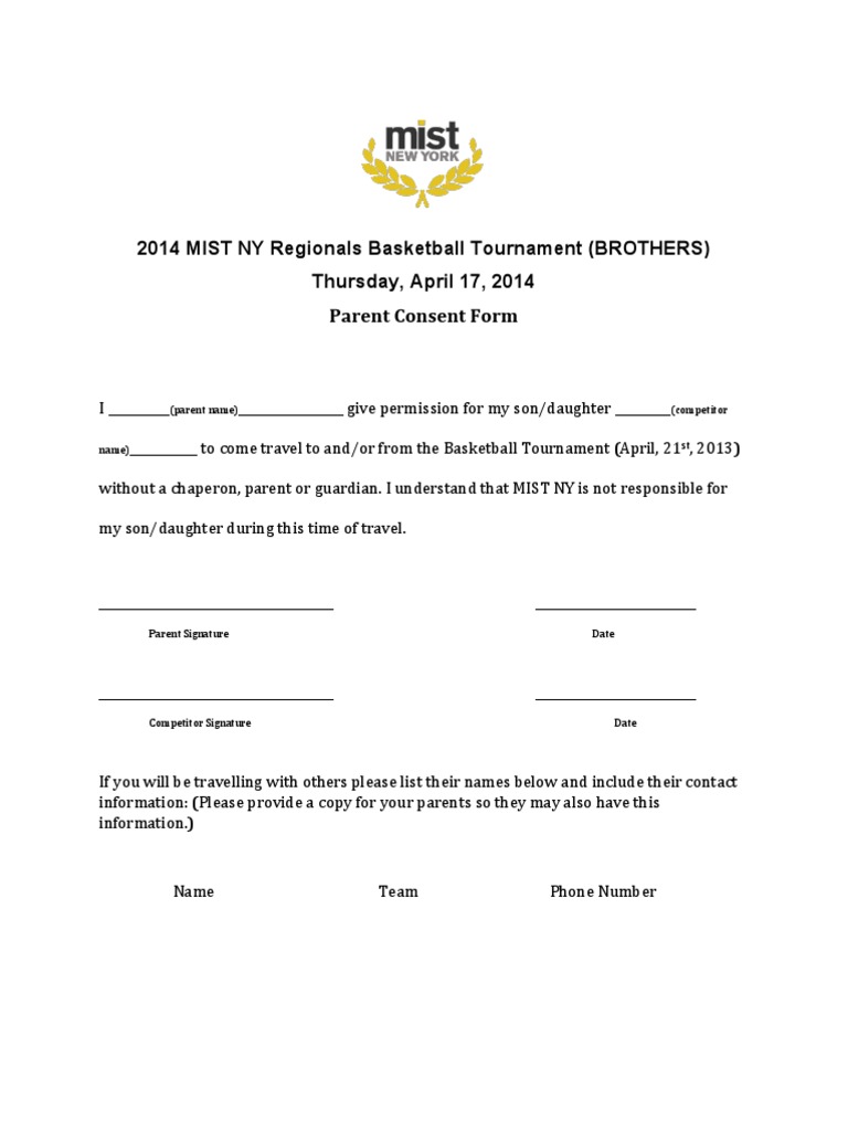 MIST NY Basketball Tournament Consent Form | PDF