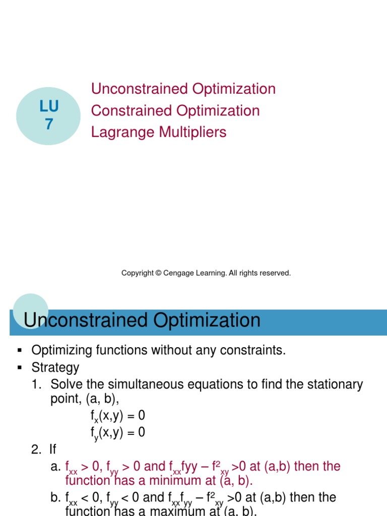LU7 - Unconstrained and Constrained Optimization Lagrange Multiplier | PDF | Mathematical ...