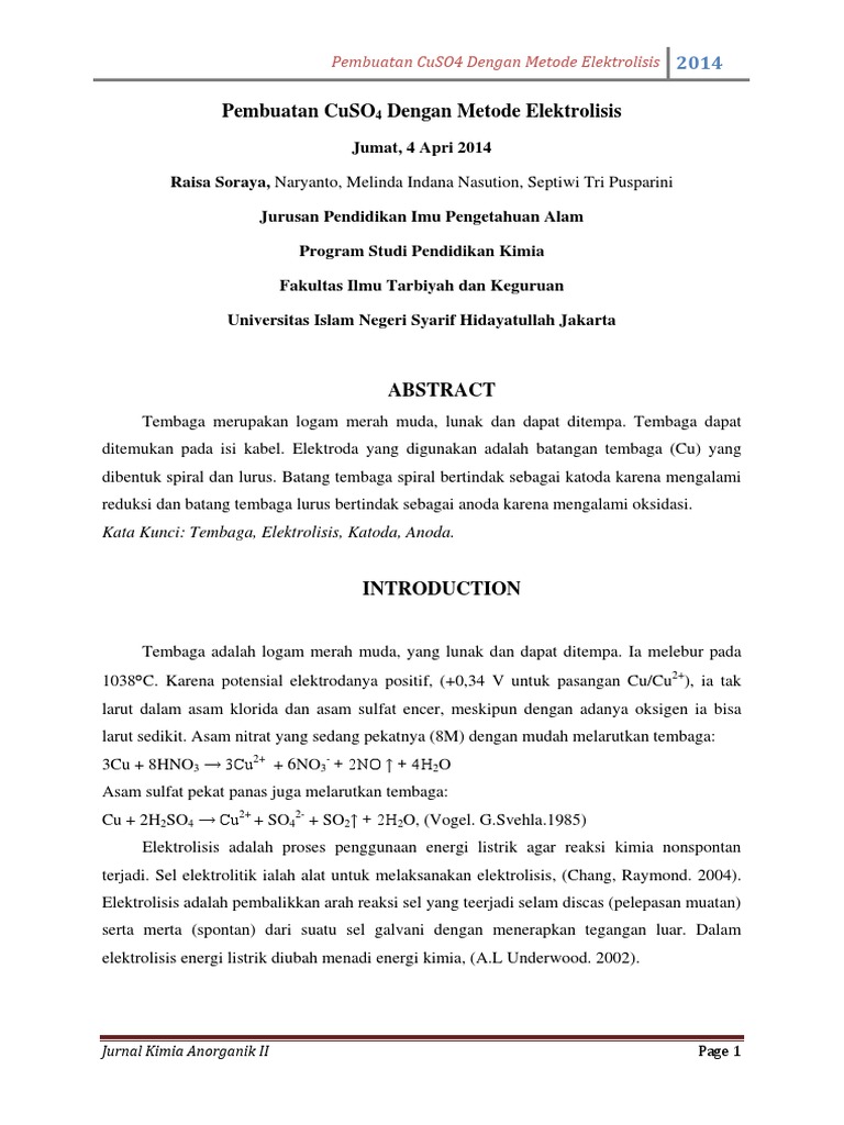 Pembuatan Tembaga Sulfat Metode Elekttrolisis Raisa | PDF