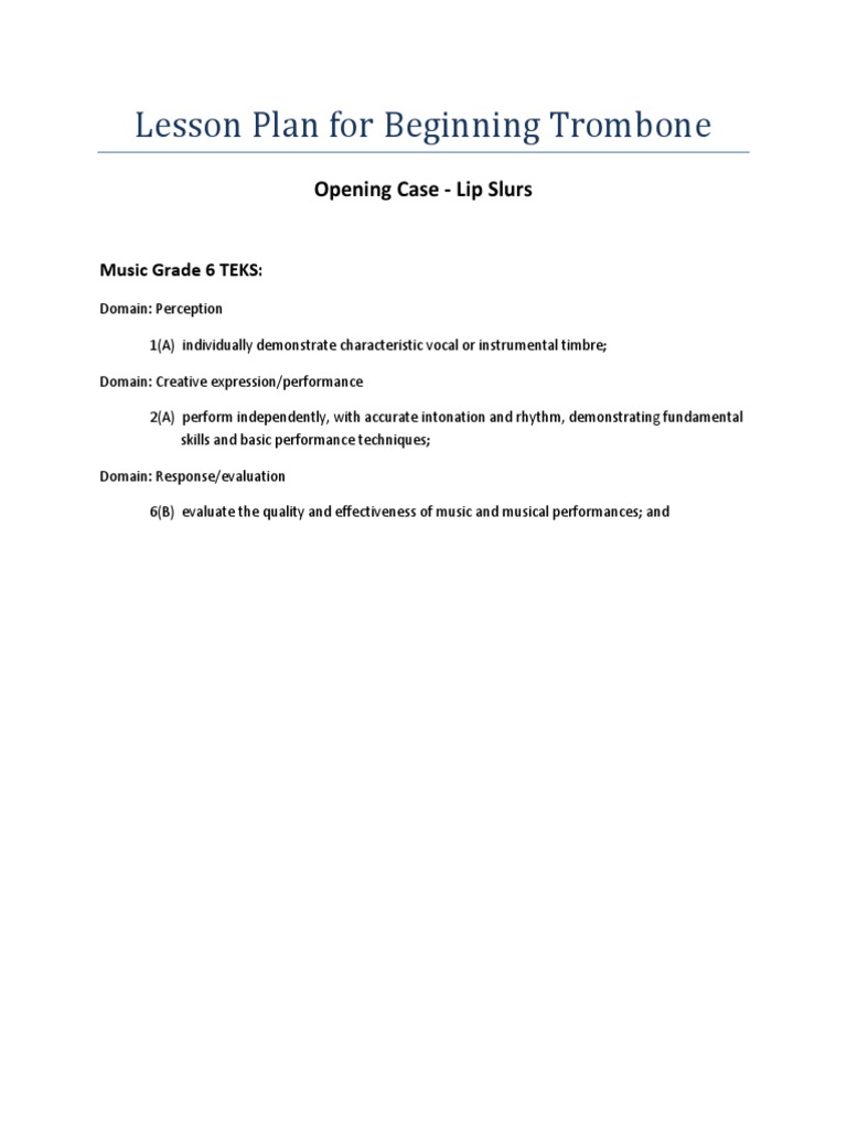 Beginning Trombone Lesson Plan: Lip Slurs | PDF