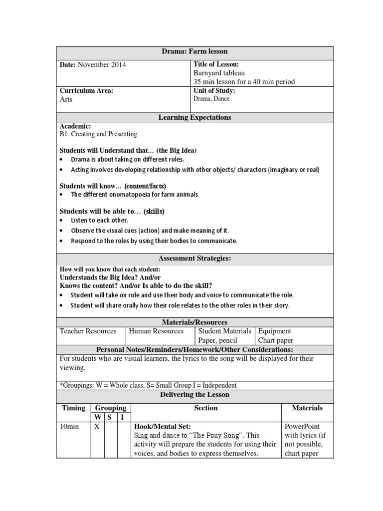 Barnyard Tableau Drama Lesson Plan | PDF | Lesson Plan | Teaching