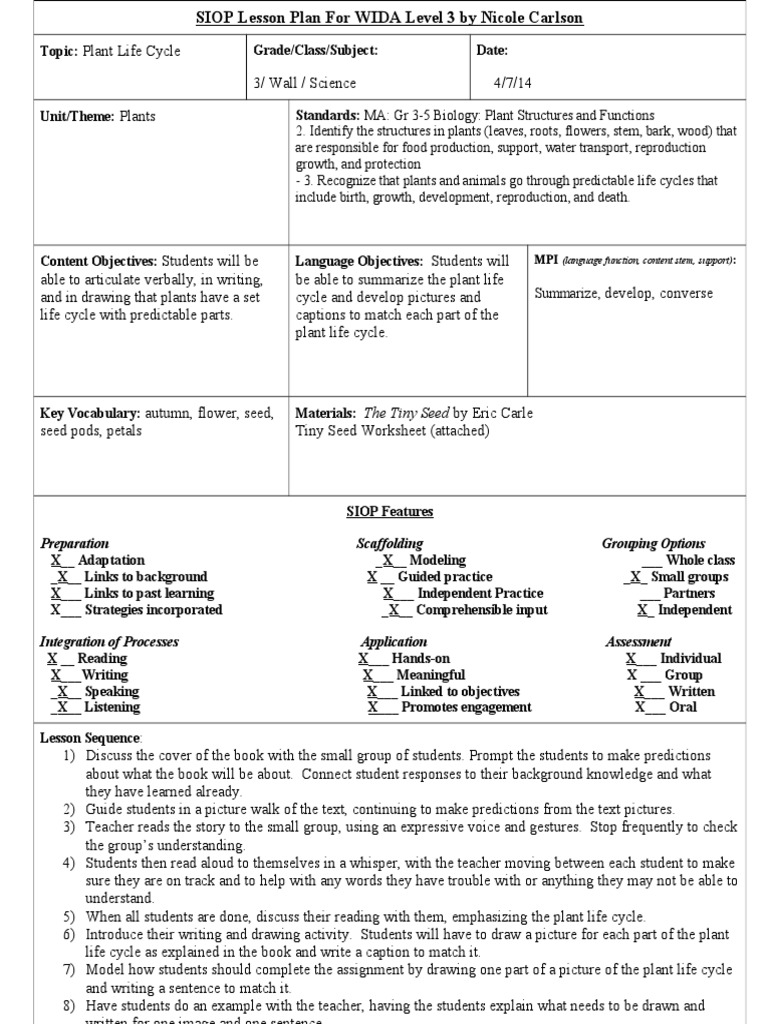 siop lesson plan wida level 3 | Lesson Plan | Flowers