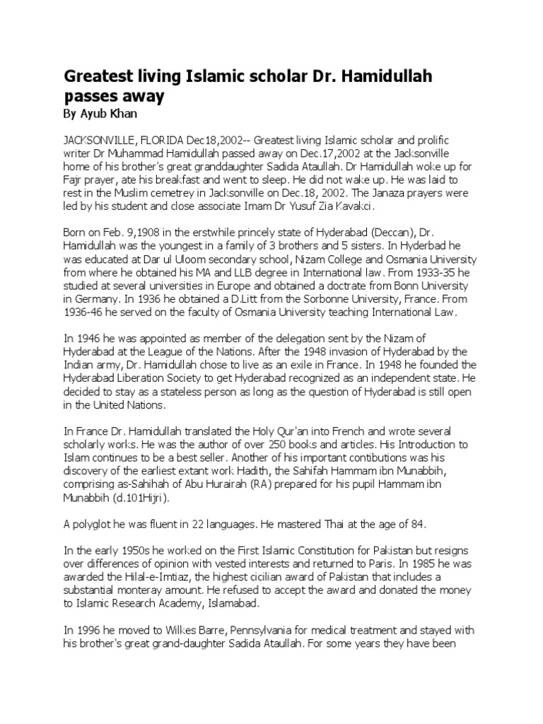 Passing of renowned Islamic scholar Dr. Hamidullah | PDF | Islamic ...