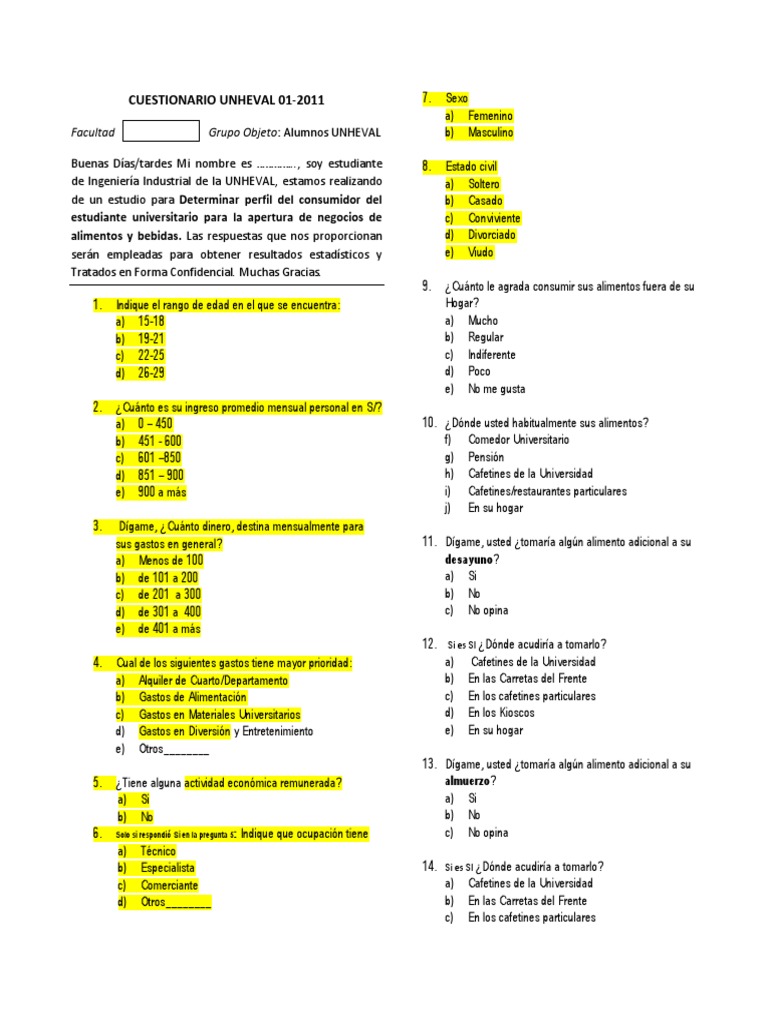 CUESTIONARIO | Alimentos | Comida y bebida