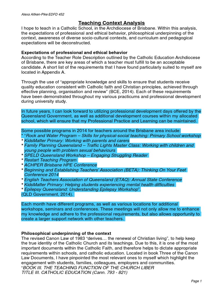 Teaching Context Analysis | PDF | Curriculum | Learning
