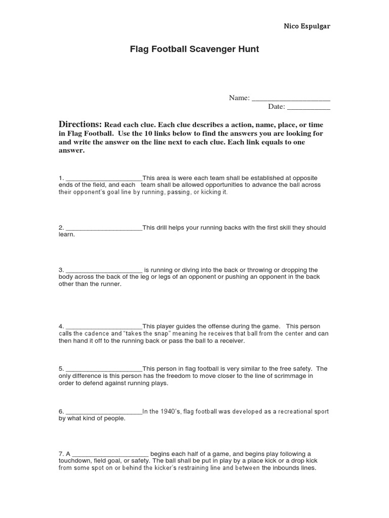 Flag Football Scavenger Hunts | PDF | Ball | Association Football