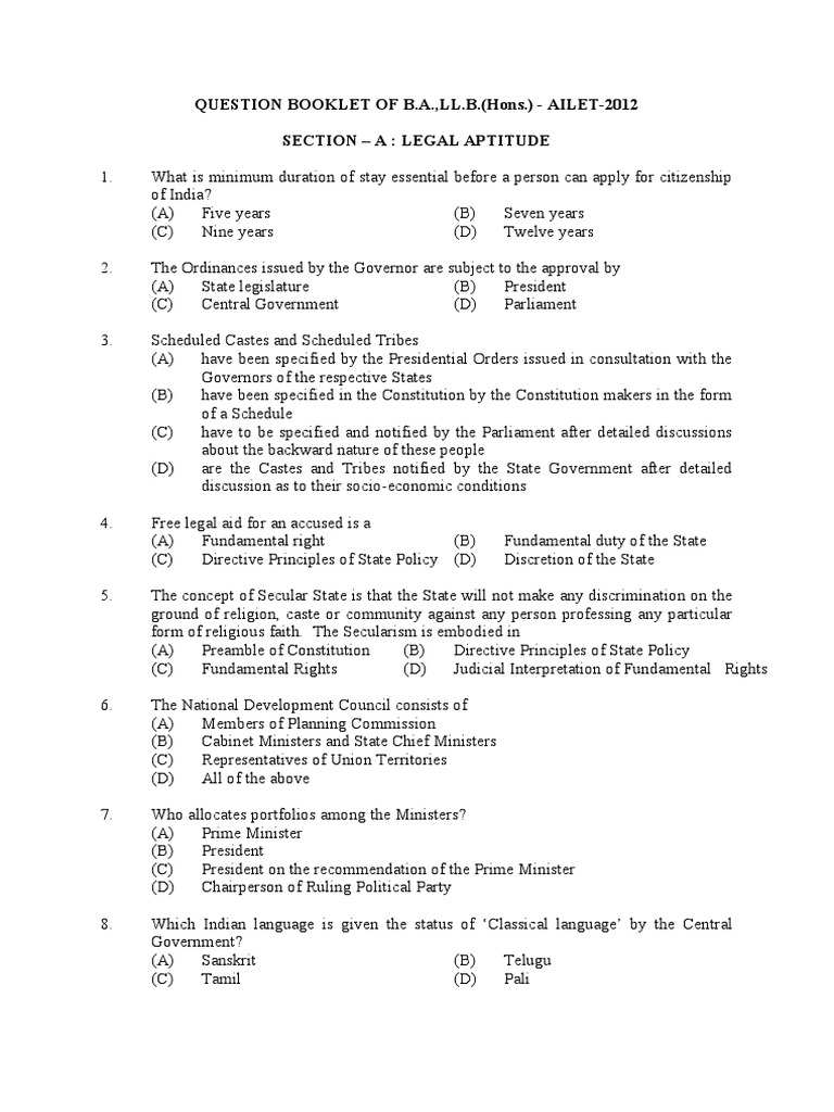 AILET 2012 Sample Paper | PDF
