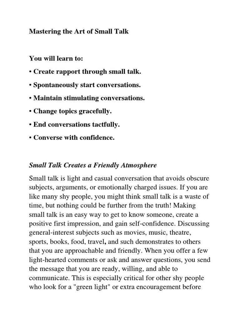 Mastering The Art of Small Talk | PDF | Nonverbal Communication | Body ...